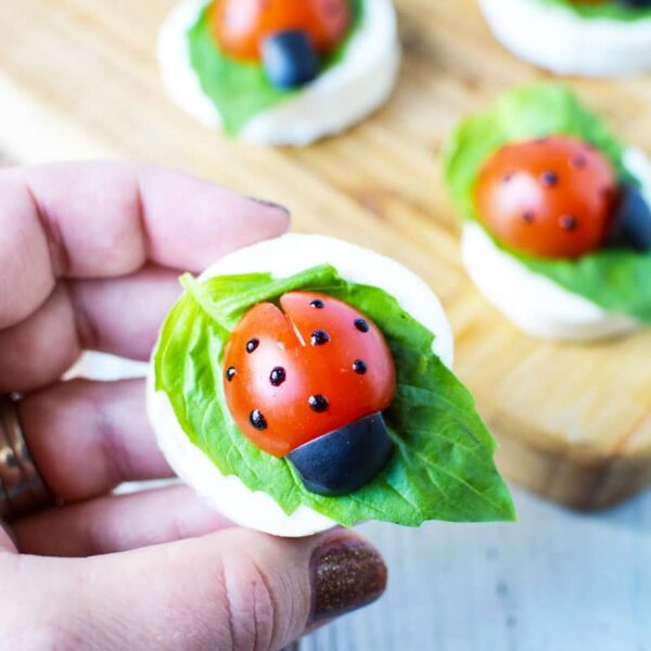 Caprese Ladybug Appetizers made with Fresh Mozzarella and Tomatoes