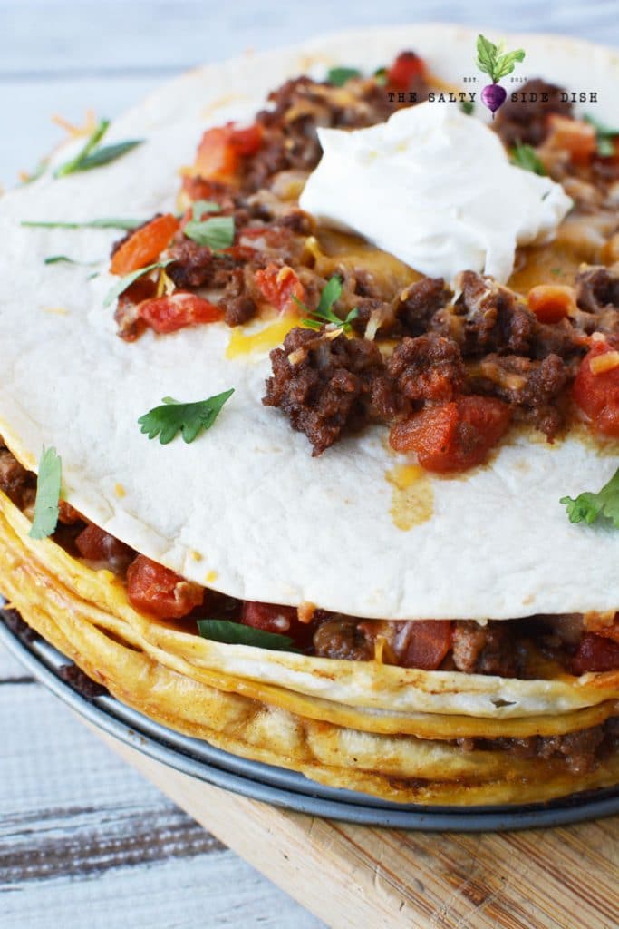 Layered Burrito Pie Casserole Bake with Flour Tortillas