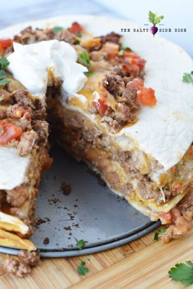 Layered Burrito Pie Casserole Bake with Flour Tortillas