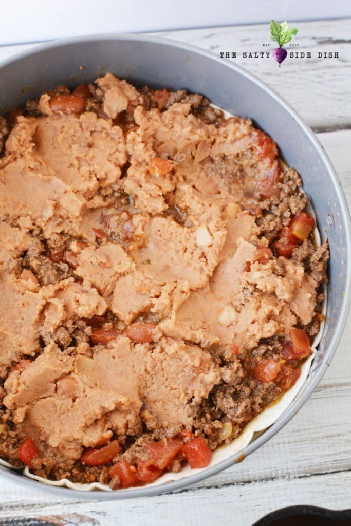 Layered Burrito Pie Casserole Bake with Flour Tortillas