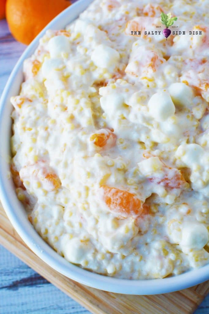 Frog Eye Salad made with Pudding and Acini Di Pepe | Salty Side Dish