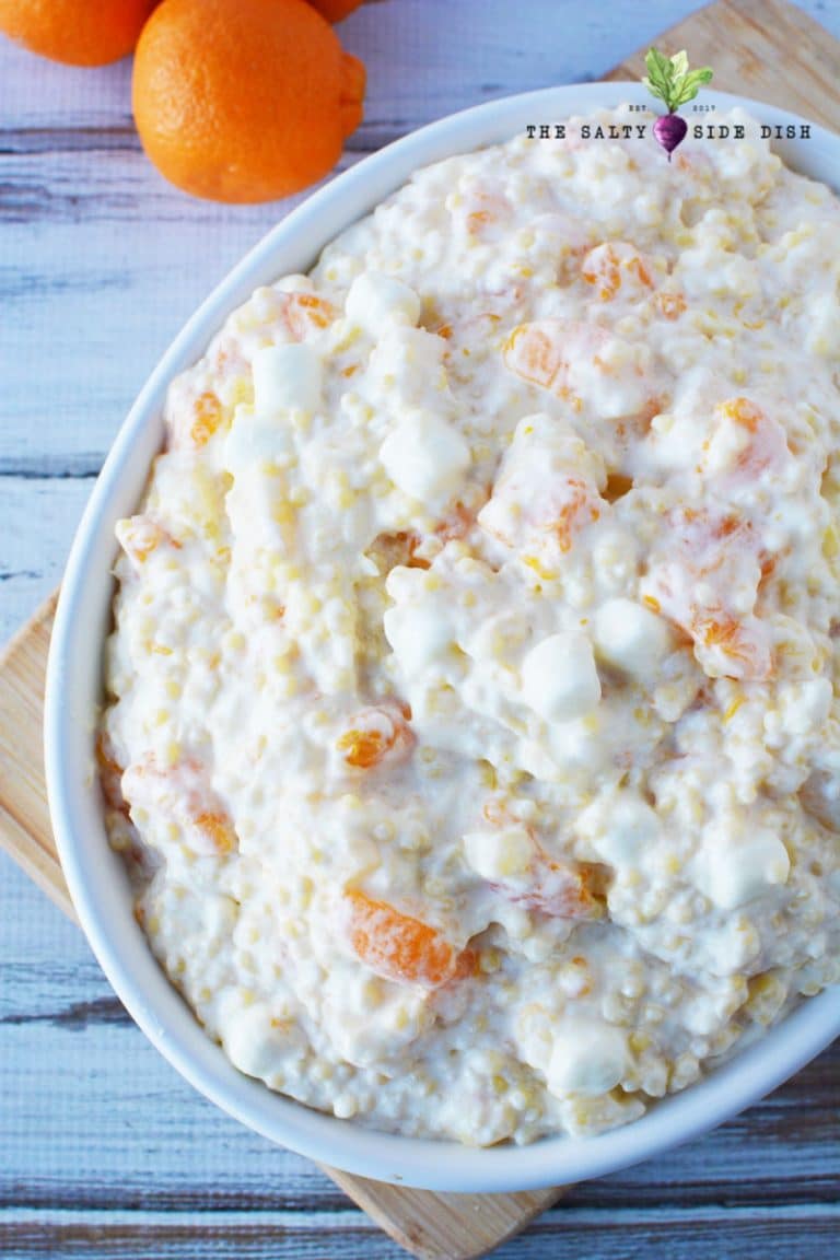 Frog Eye Salad made with Pudding and Acini Di Pepe | Salty Side Dish