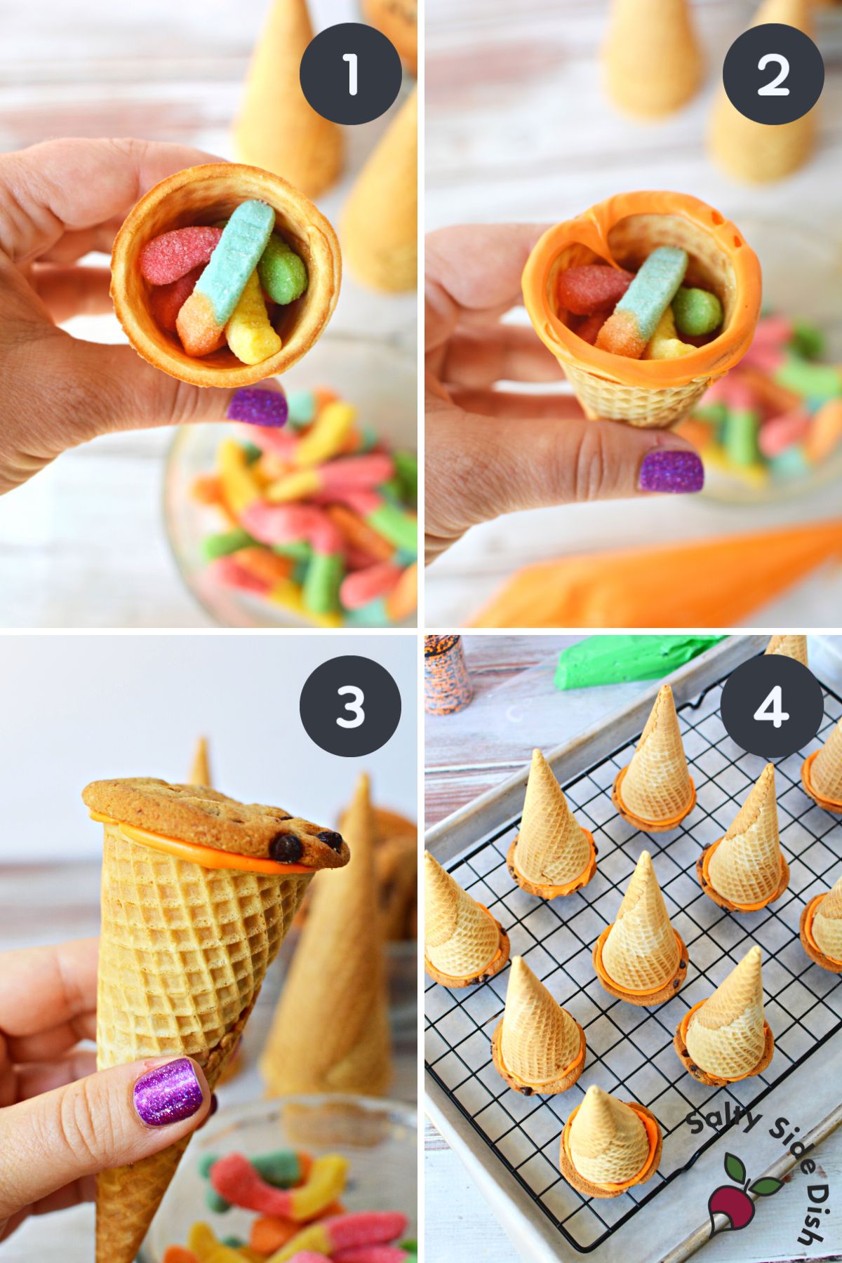 Chocolate Ice Cream Cone Witch Hats with Candy | Salty Side Dish